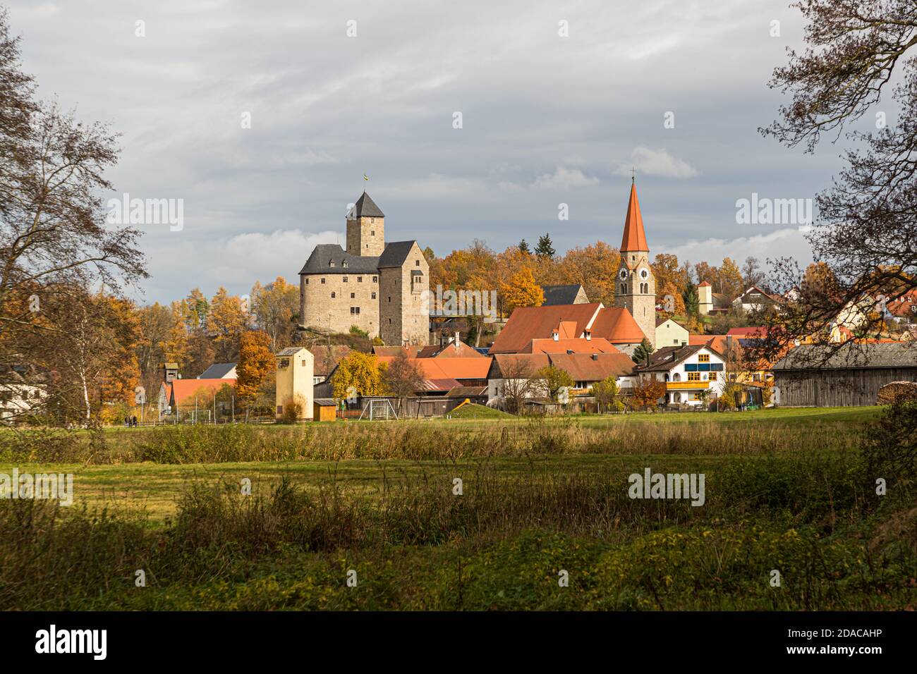 The village of Falkenberg in Bavaria with its fortified castle Stock ...