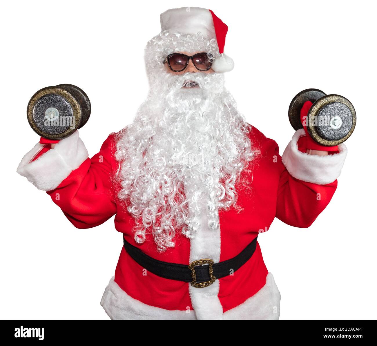 Santa Claus working out and pushing two dumbbells up in the air. Santa ...