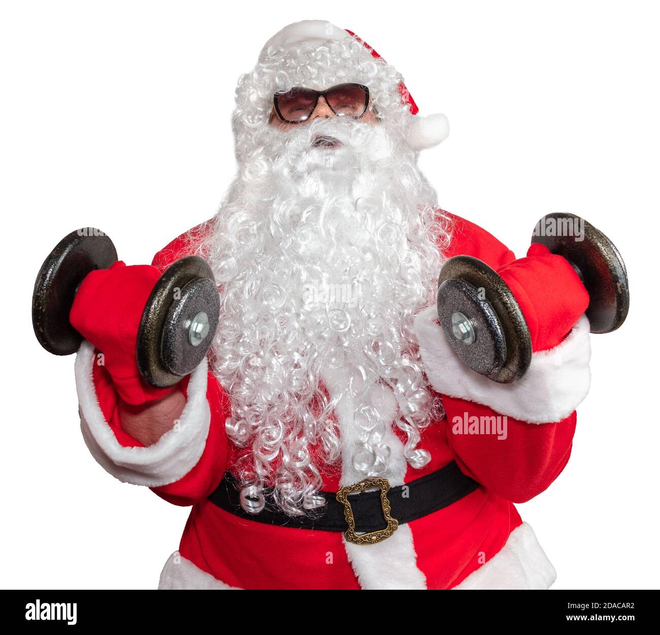 Santa Claus working out with two dumbbells and doing bicep curls. Santa ...