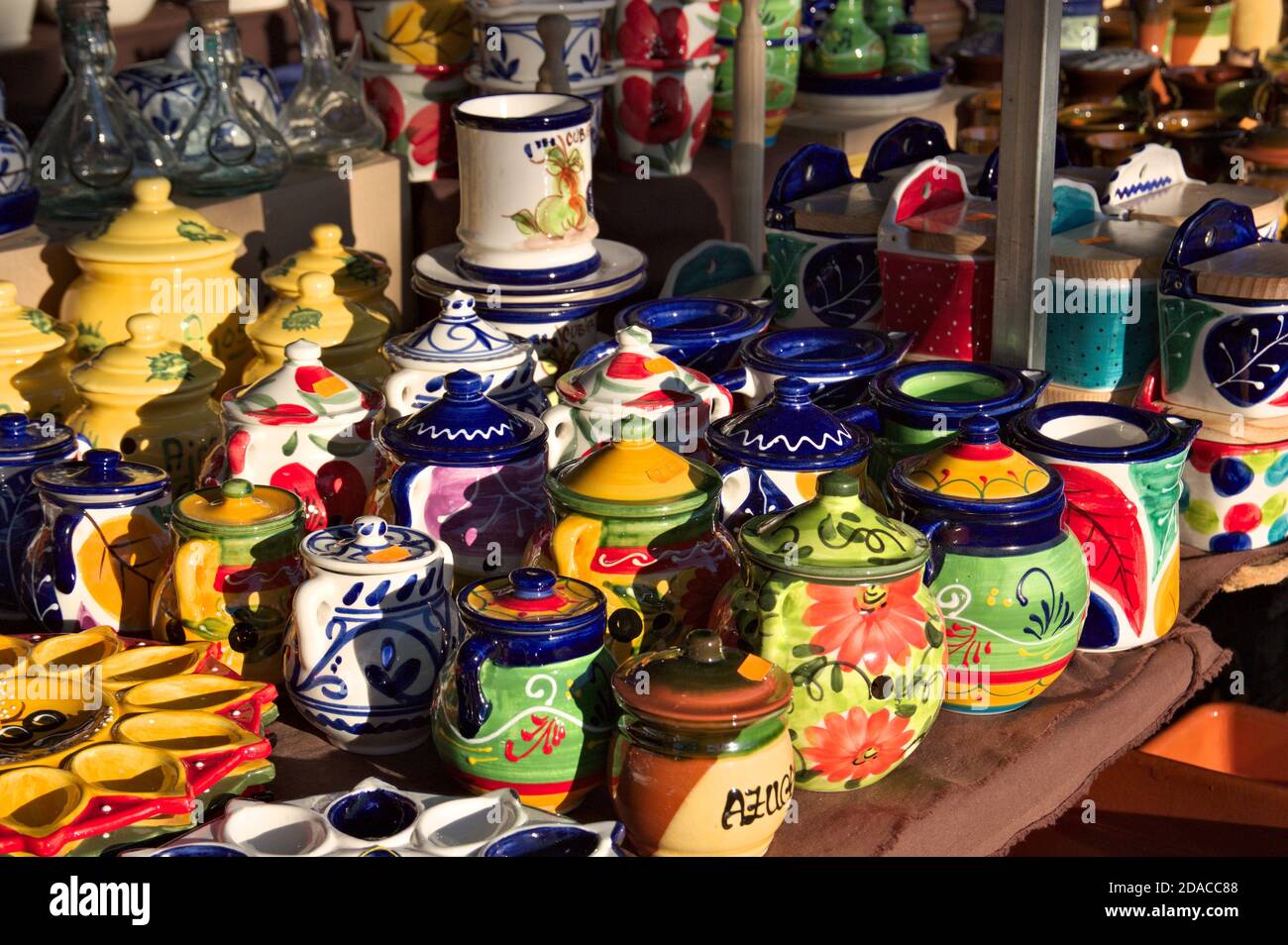 Close-up of a stall in a traditional flea market that has its ceramic ...