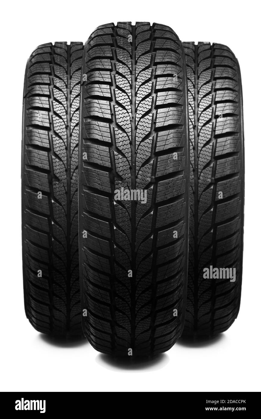 Front view of three new car tires isolated on white background Stock ...