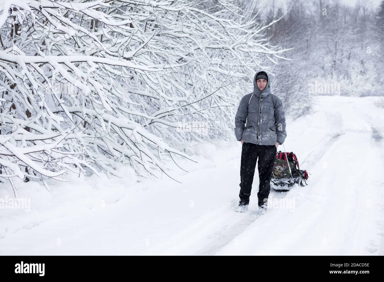 Adult Caucasian man pulling sledge in the snow during strong snowfall ...