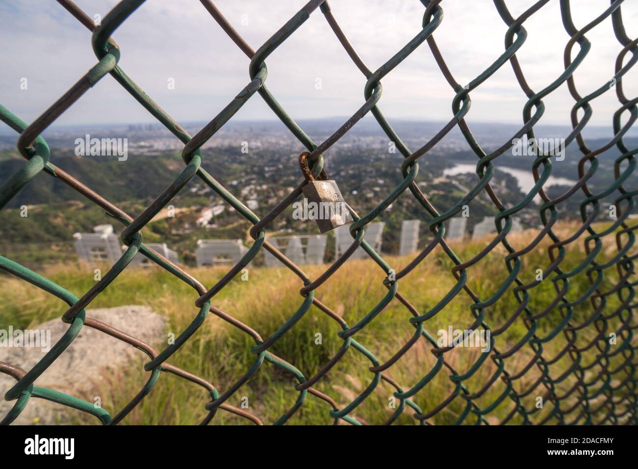 View of the fence from above the Hollywood sign, famous popular place ...