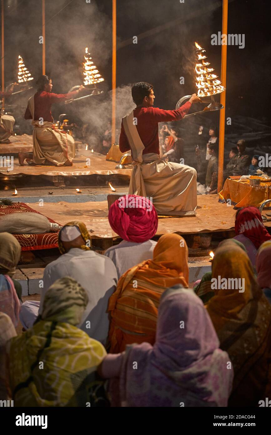 Varanasi, India, January 2008. Daily sunset ceremony of the Ganga Aarti ...