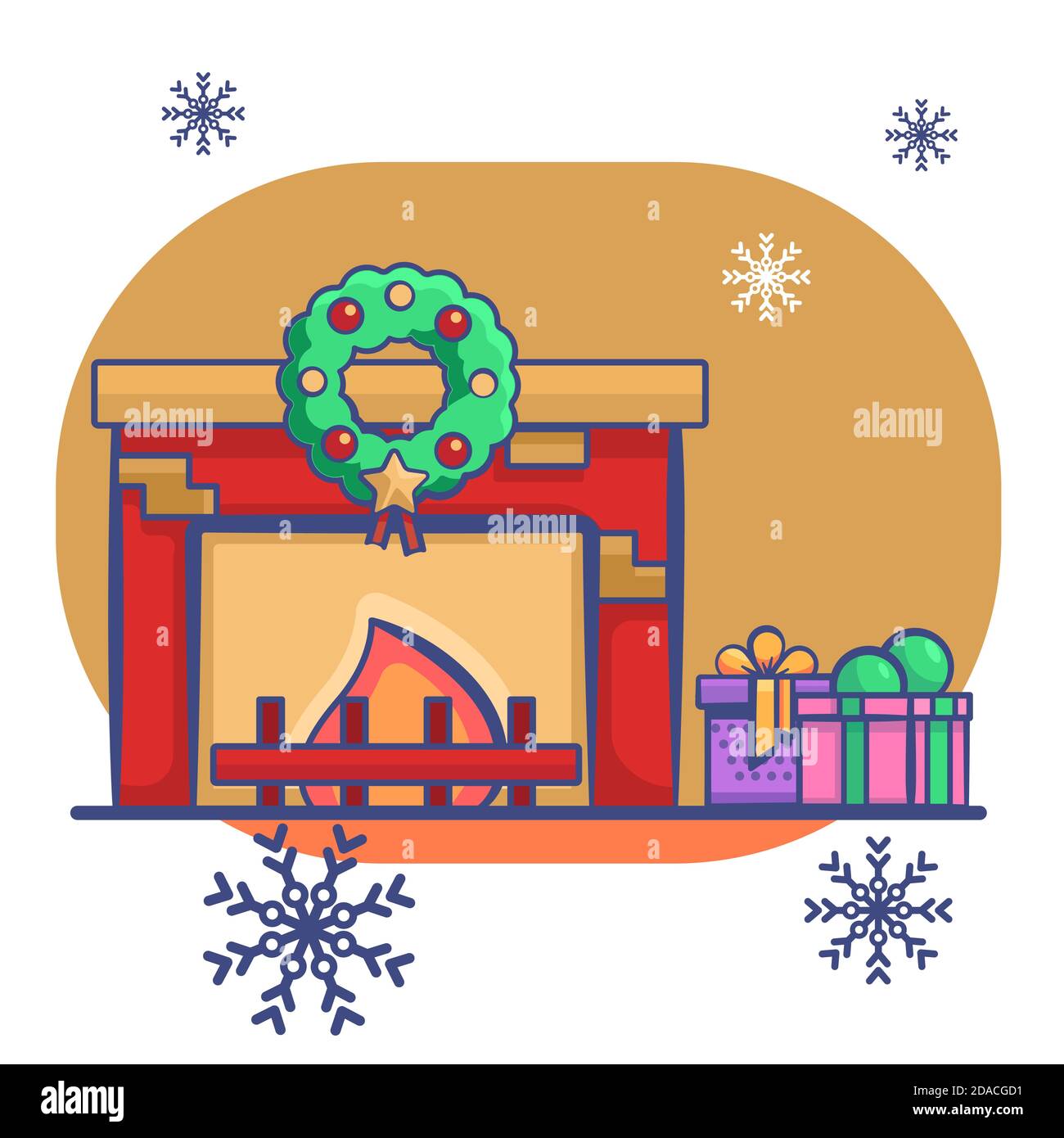 Fireplace and gifts on white isolated backdrop. Christmas holiday ...