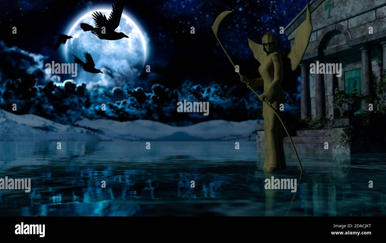 Angel of Death - Spooky Night background with moon - 3d rendering Stock ...