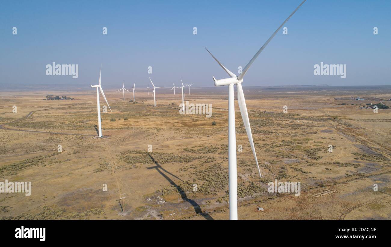 aerial image of a wind power plant in action Stock Photo - Alamy