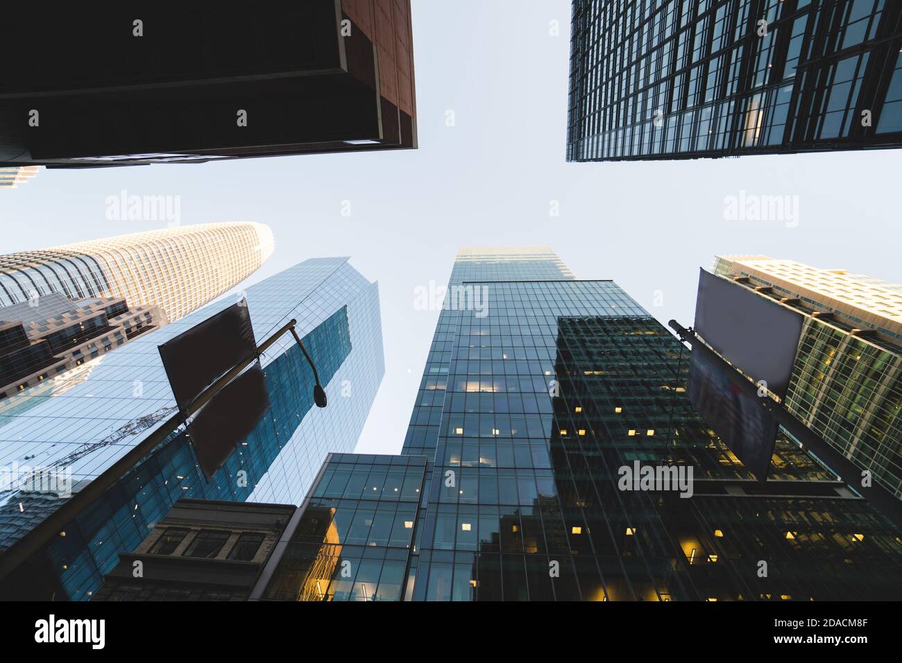Looking up at tall high skyscraper buildings in San Francisco in the ...