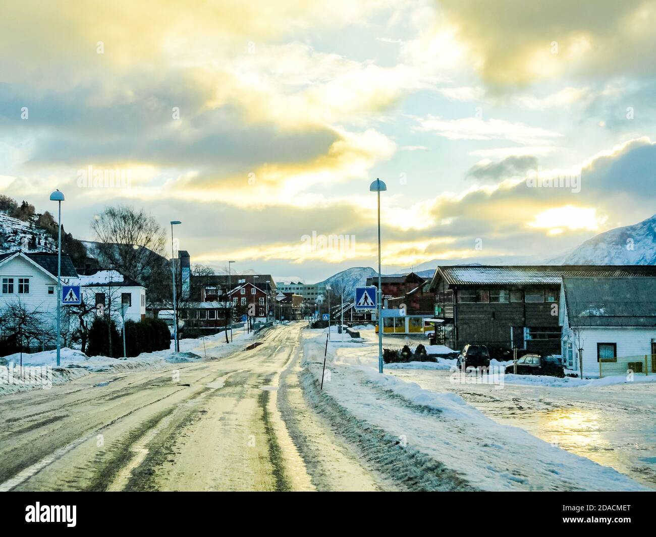 Snowed-in road through the town of Hermansverk in Leikanger, Sogndal ... Snowed-in road through the town of Hermansverk in Leikanger, Sogndal ...
