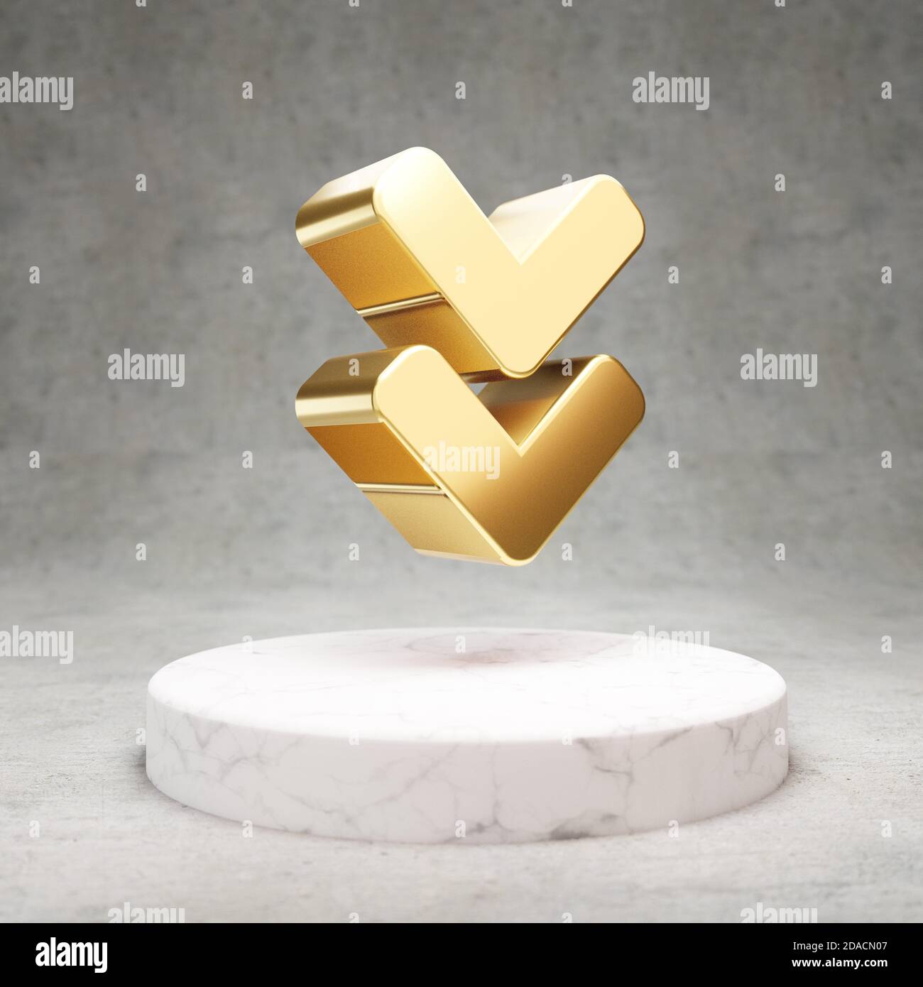 Angle Double Down icon. Gold glossy Angle Double Down symbol on white ...