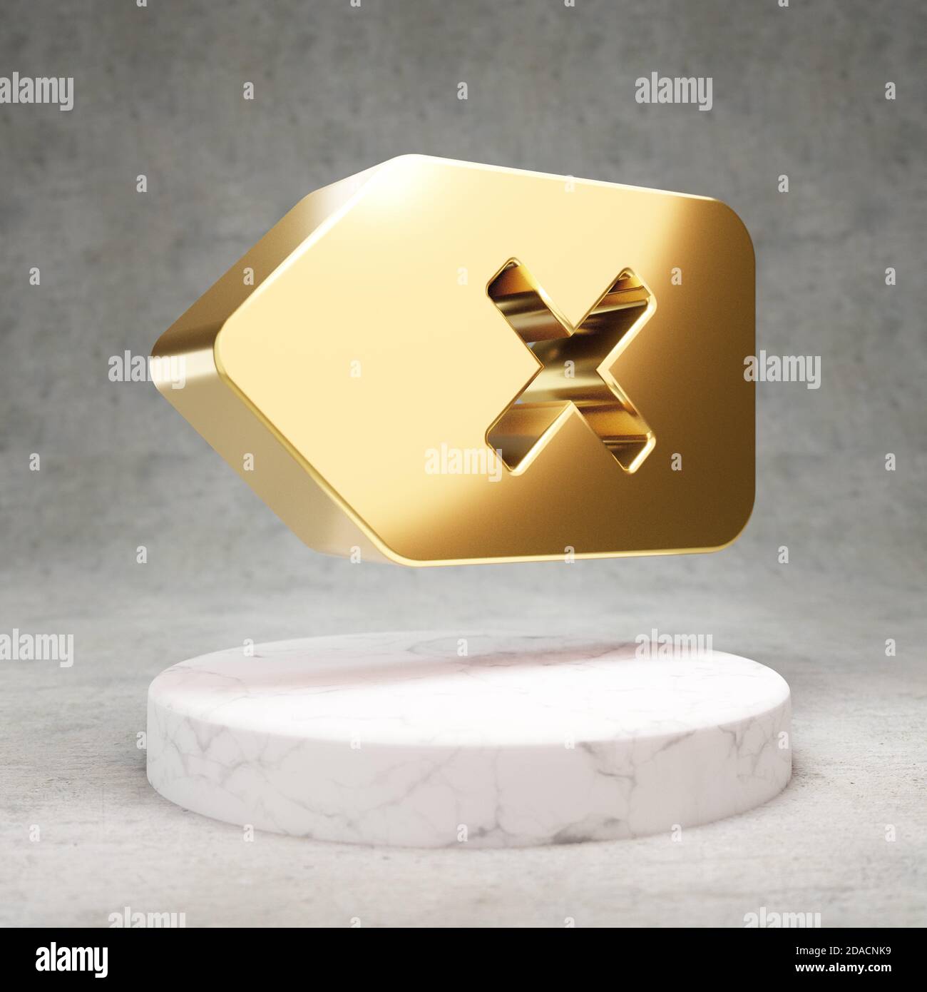 Backspace icon. Gold glossy Backspace symbol on white marble podium ...