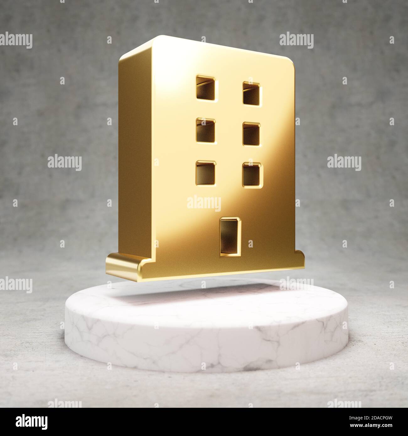 Building icon. Gold glossy Building symbol on white marble podium ...