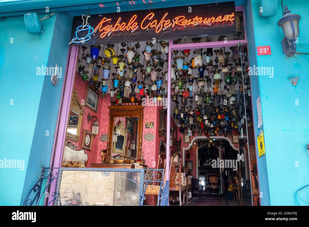 Colourful vibrant facade and interior hanging Turkish lamps of Kybele ...