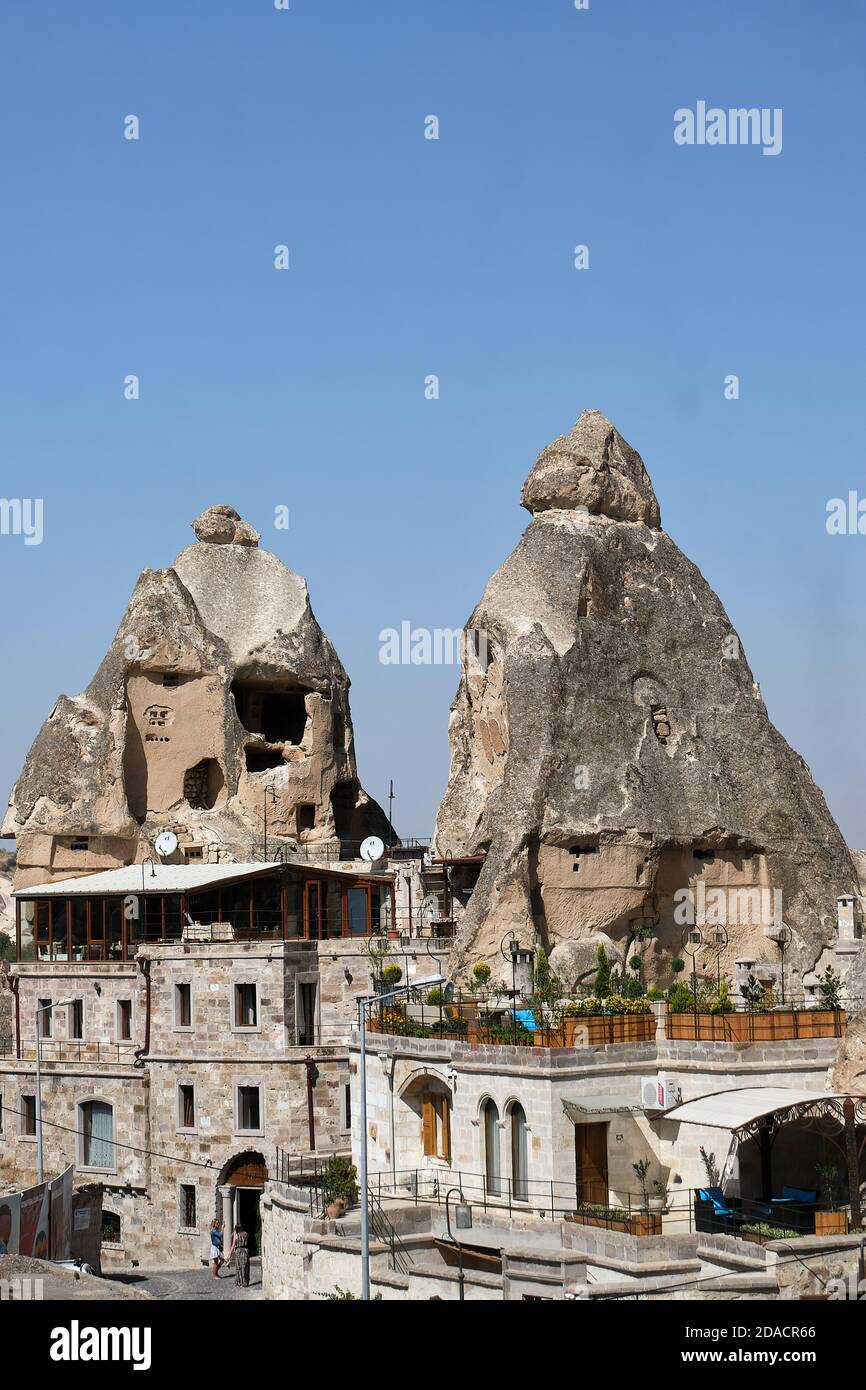 View of boutique cave hotel built around fairy chimney ruins ...