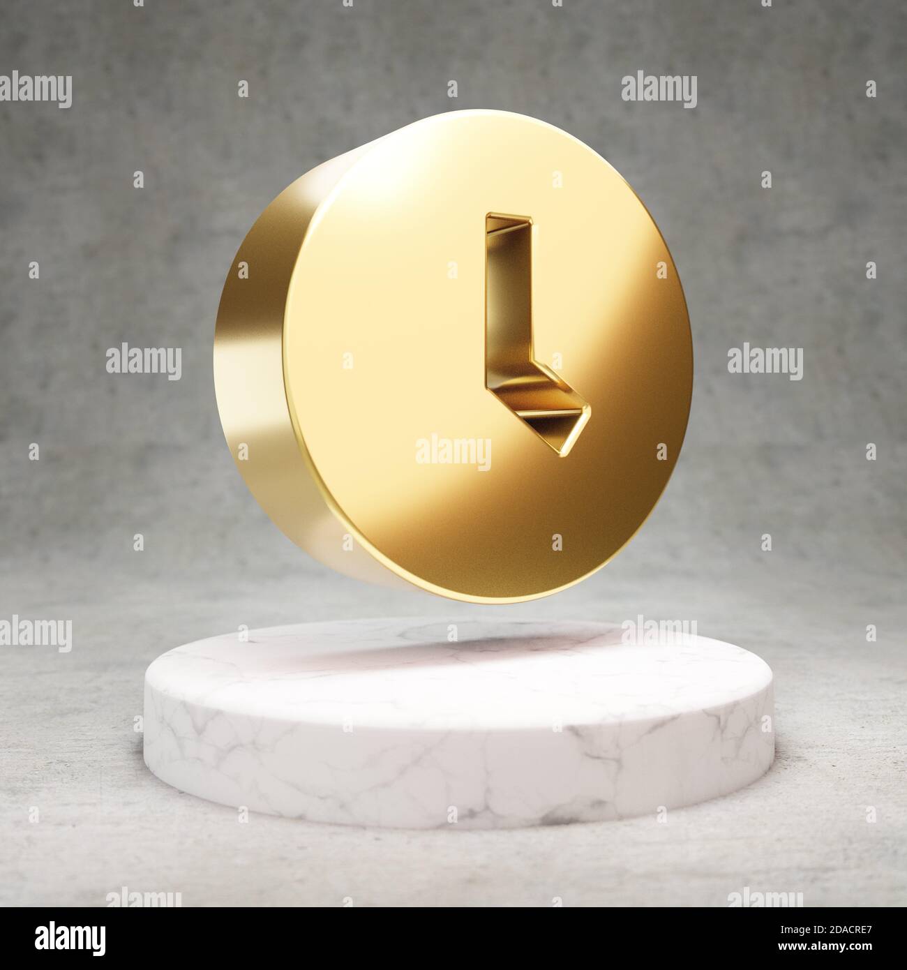 Clock icon. Gold glossy Clock symbol on white marble podium. Modern ...