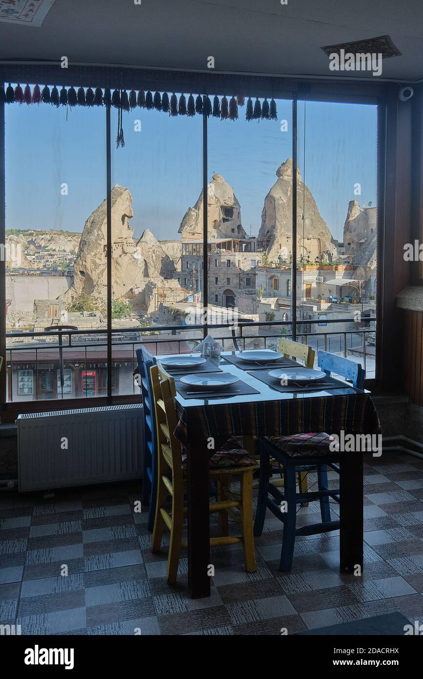 View of boutique cave hotels built from fairy chimney ruins from a ...