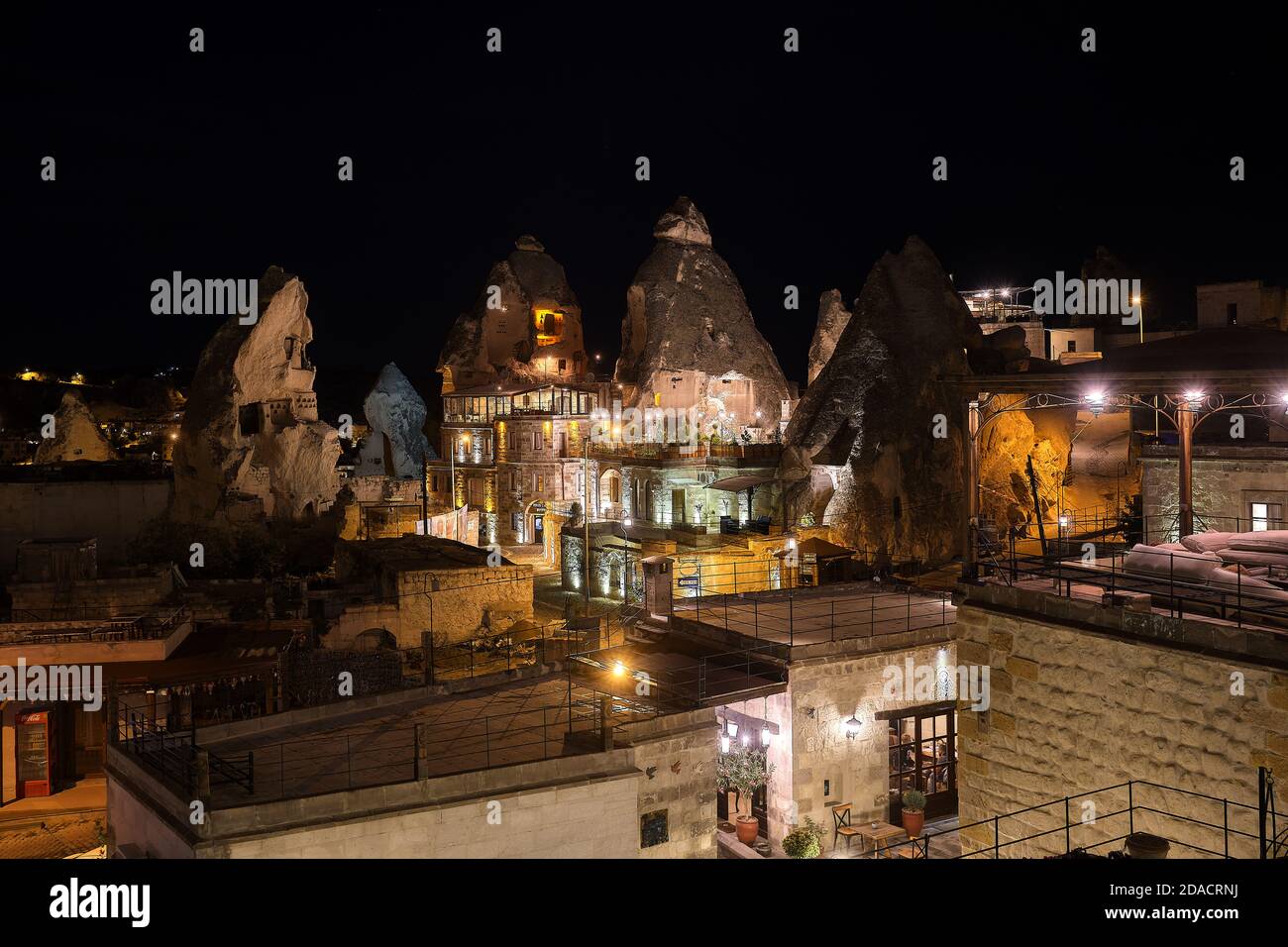 Night time view of boutique cave hotels built from fairy chimney ruins ...