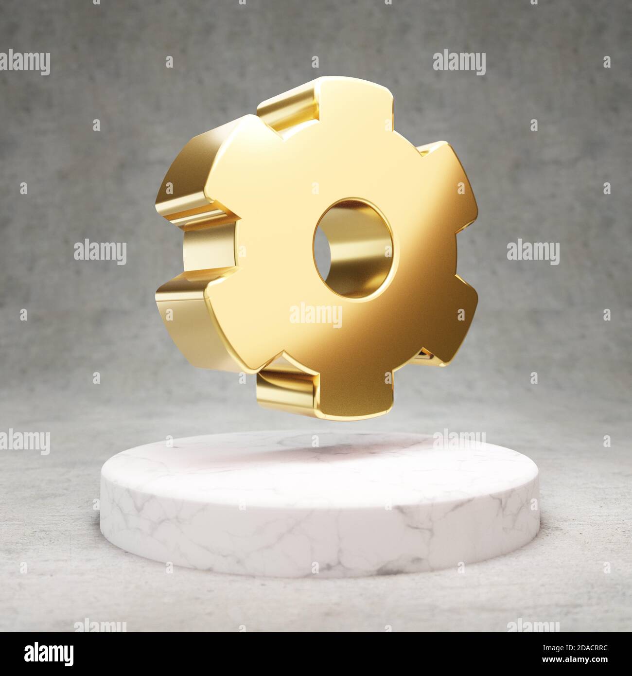 Cog Wheel icon. Gold glossy Cog Wheel symbol on white marble podium ...