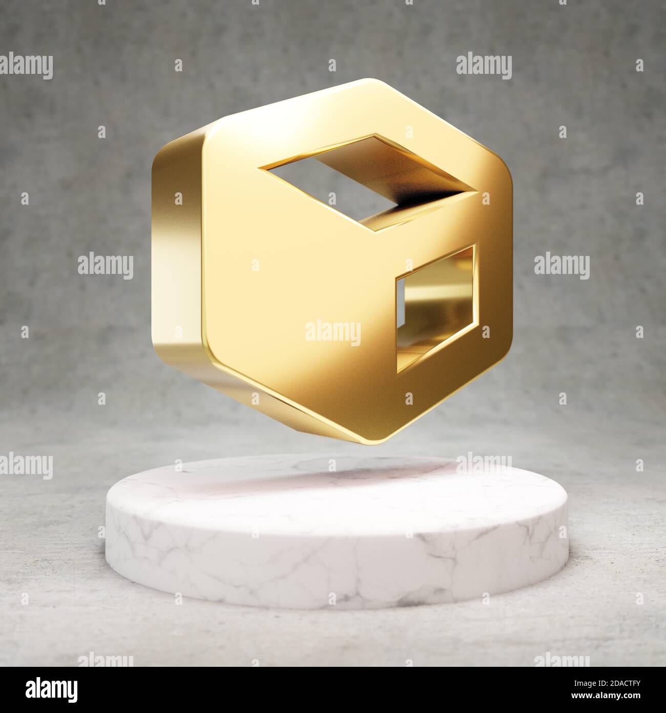 Cube icon. Gold glossy Cube symbol on white marble podium. Modern icon ...
