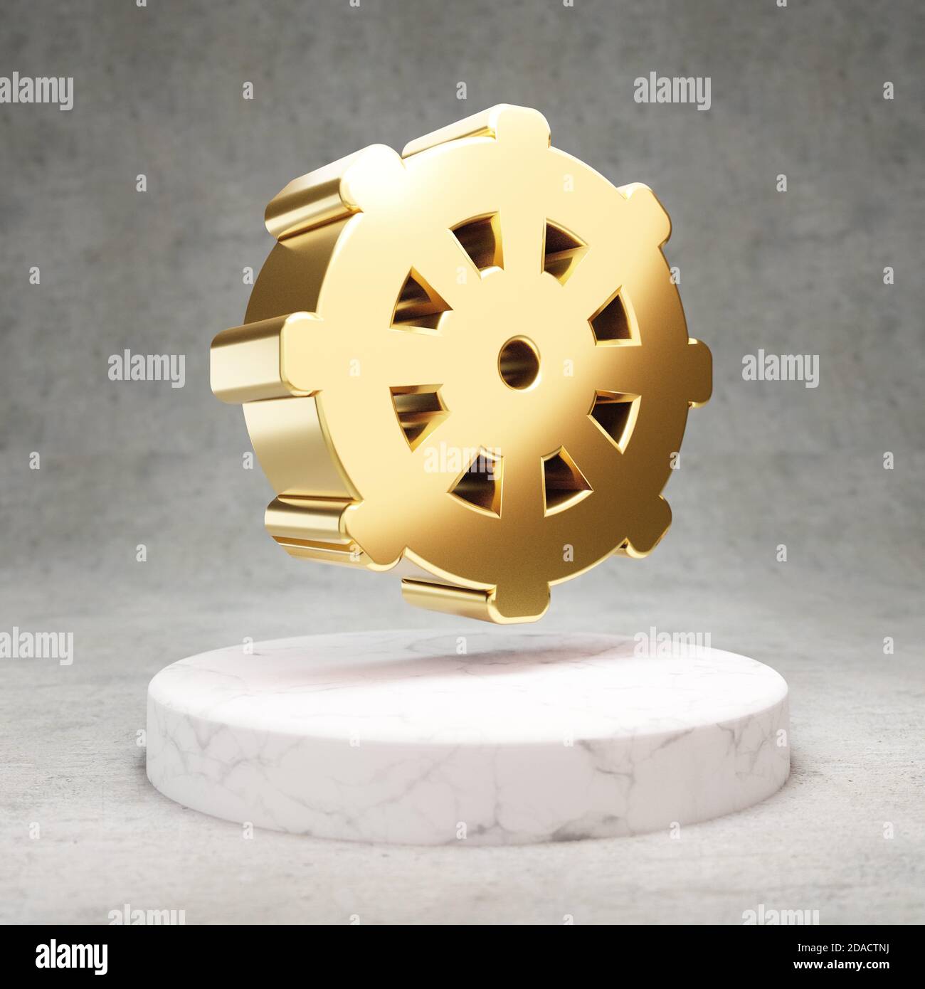 Dharmachakra icon. Gold glossy Dharmachakra symbol on white marble ...