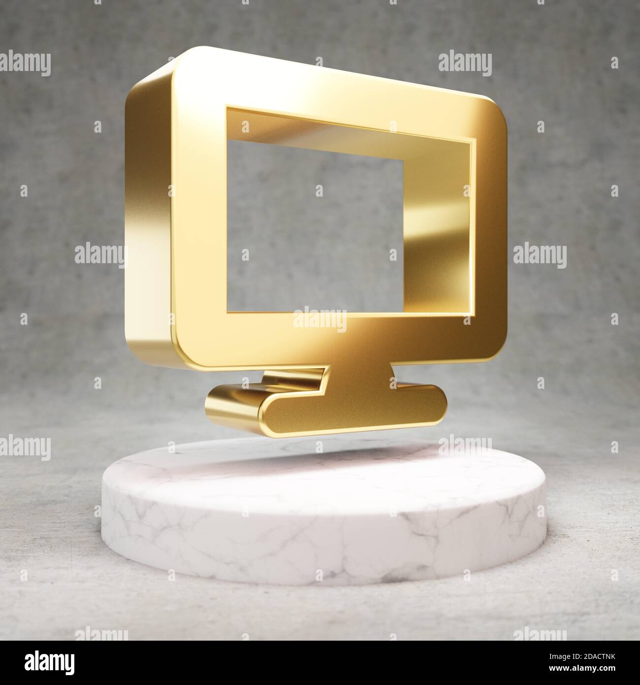 Desktop icon. Gold glossy Desktop symbol on white marble podium. Modern ...