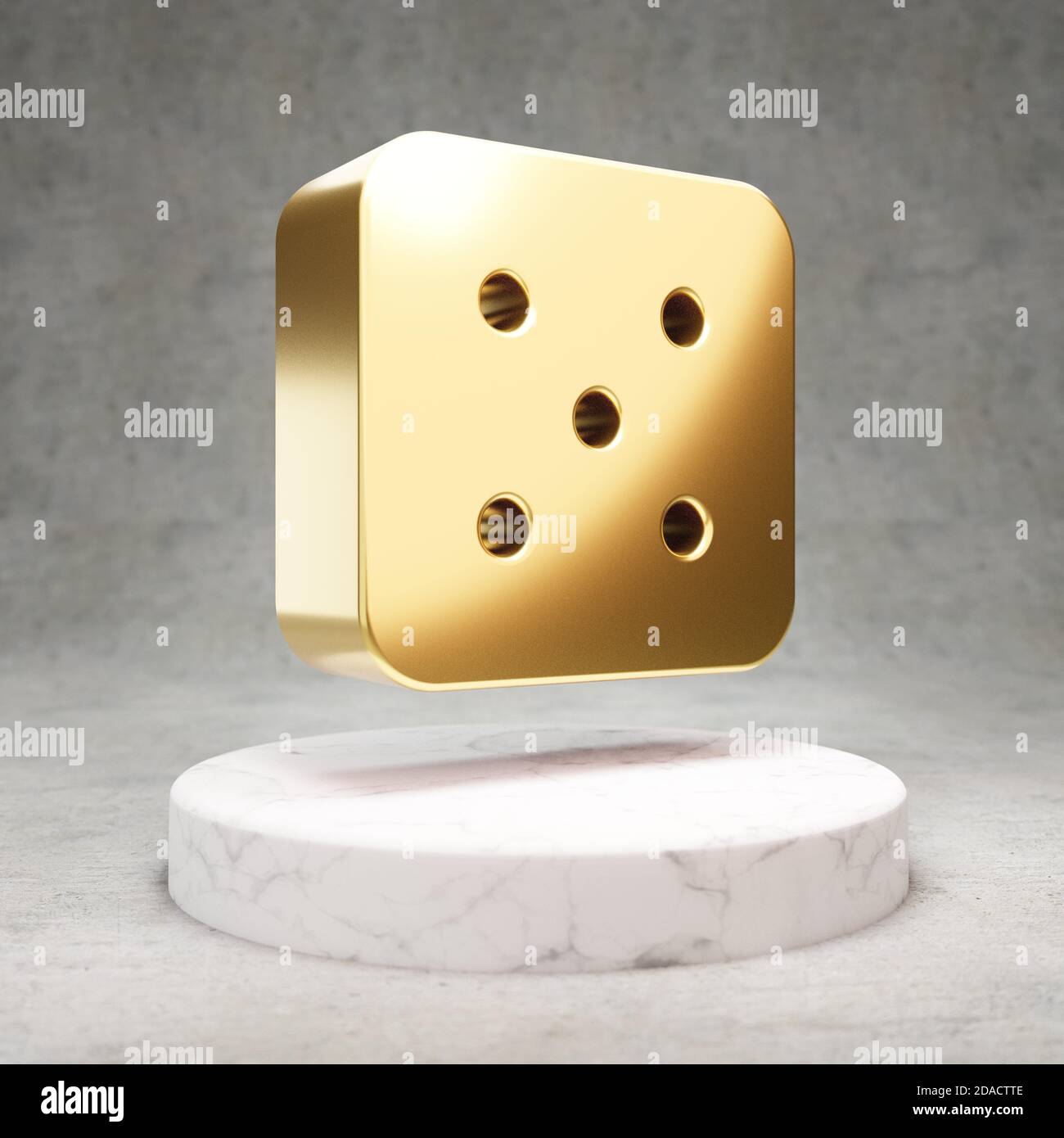 Dice Five icon. Gold glossy Dice Five symbol on white marble podium ...