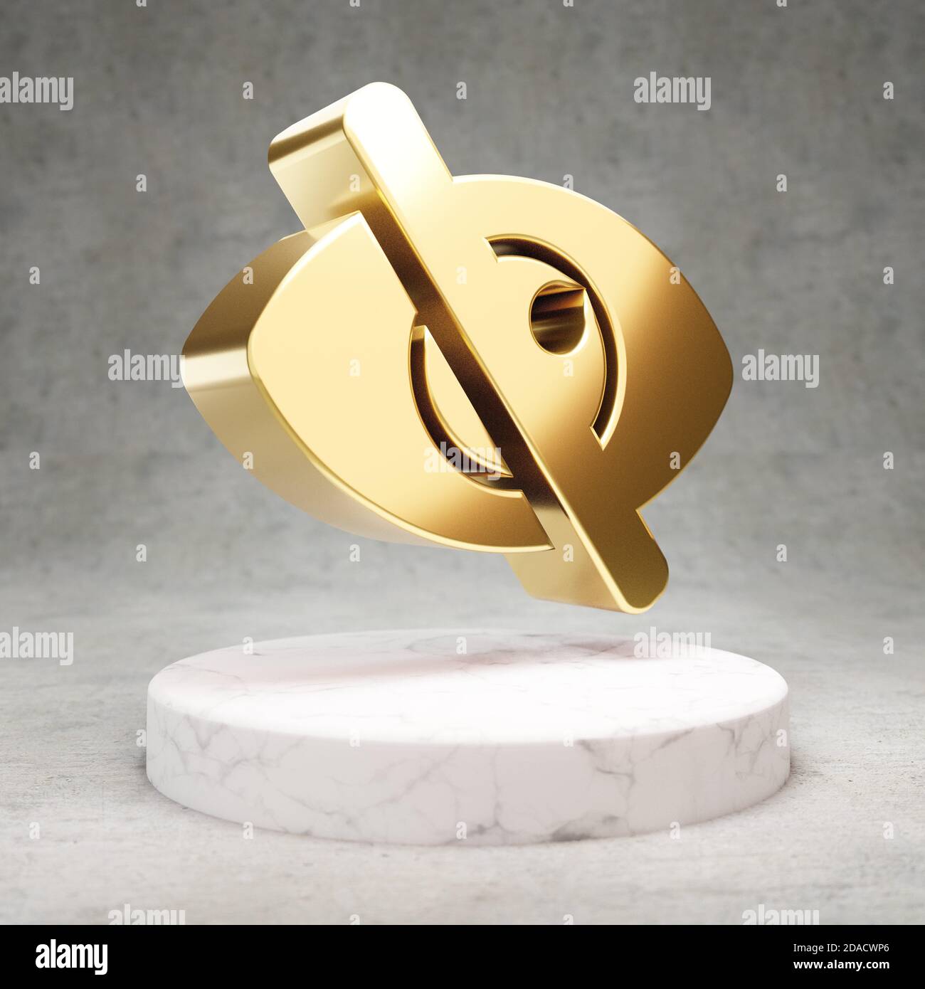 Eye Slash icon. Gold glossy Eye Slash symbol on white marble podium ...