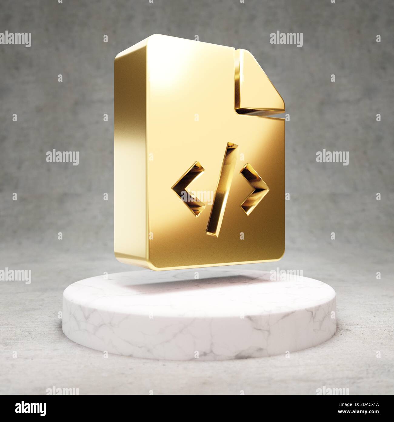 Code File icon. Gold glossy Code File symbol on white marble podium ...