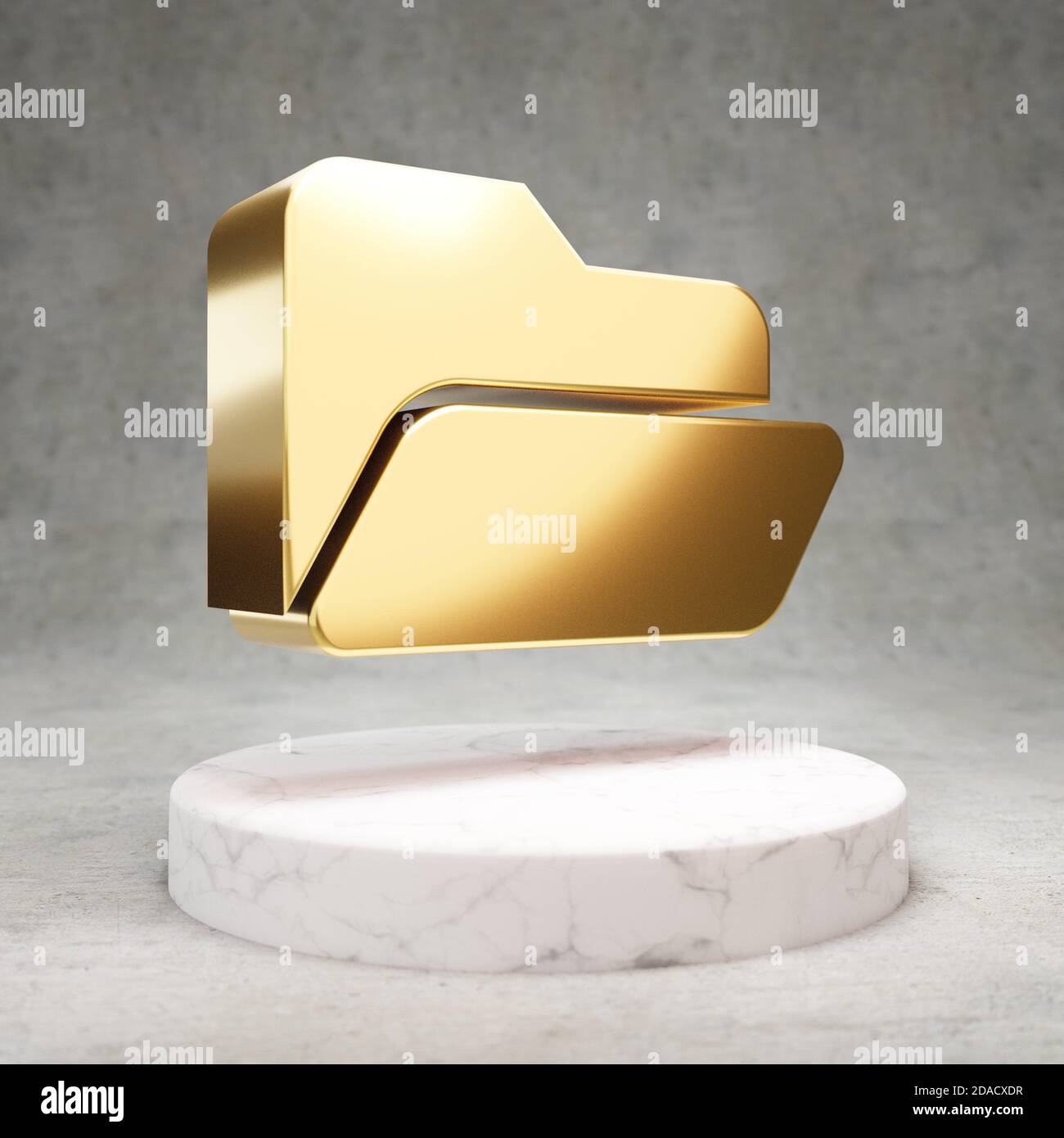 Open Folder icon. Gold glossy Open Folder symbol on white marble podium ...