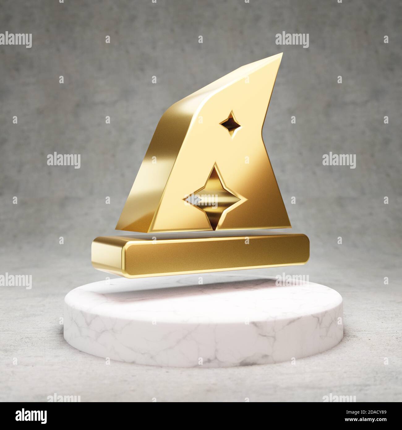 Wizard Hat icon. Gold glossy Wizard Hat symbol on white marble podium ...