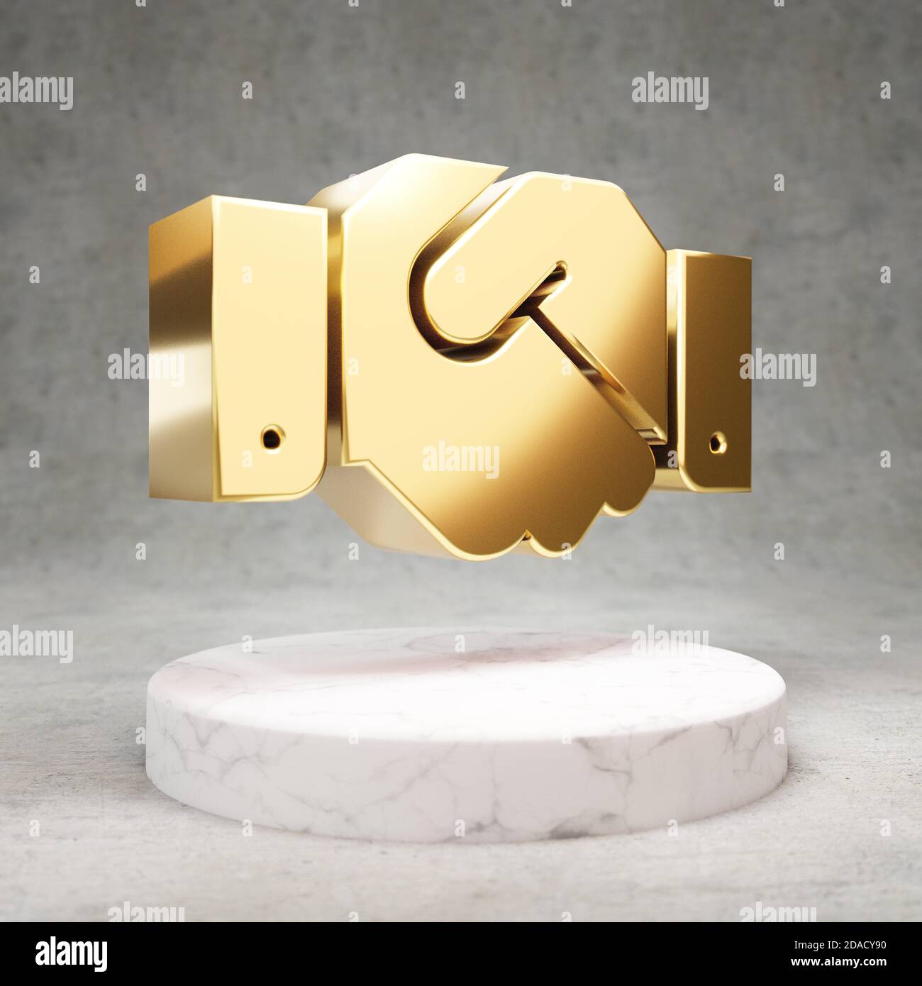 Handshake icon. Gold glossy Handshake symbol on white marble podium ...