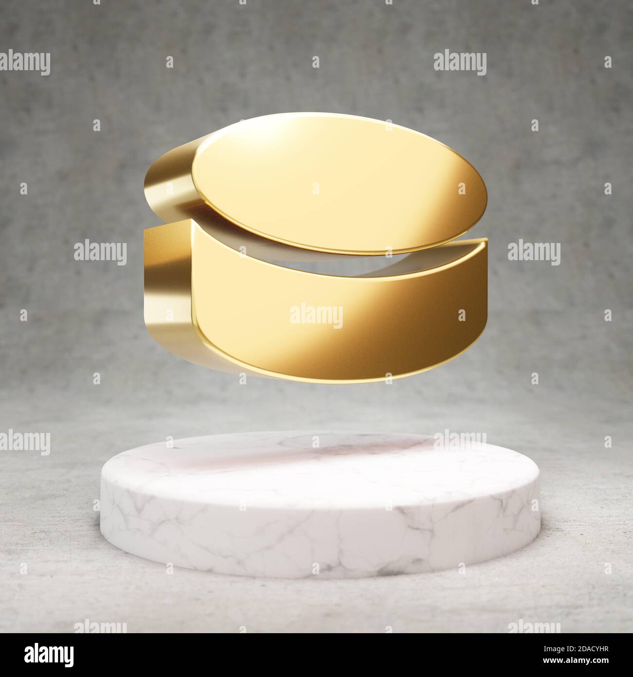 Hockey Puck icon. Gold glossy Hockey Puck symbol on white marble podium ...