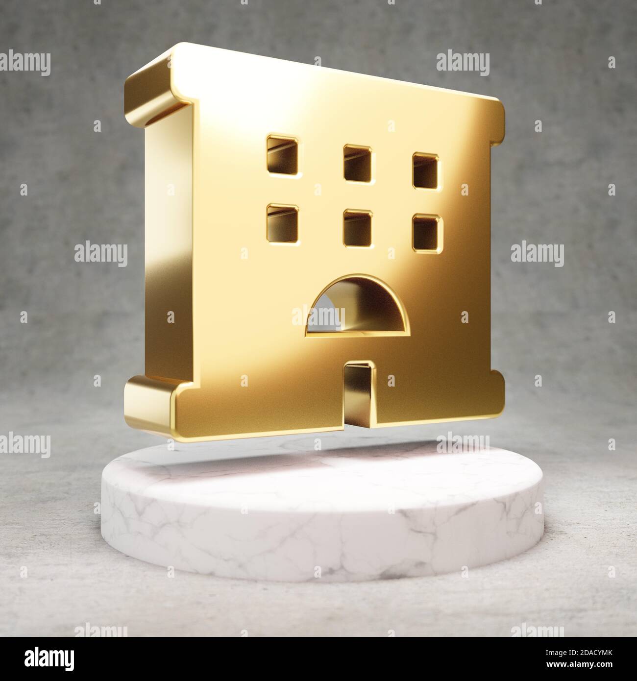 Hotel icon. Gold glossy Hotel symbol on white marble podium. Modern ...