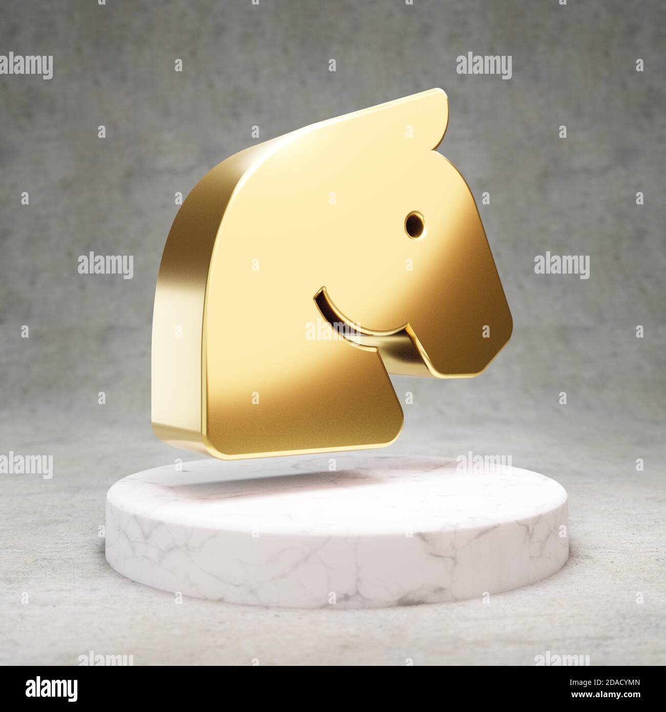 Horse Head icon. Gold glossy Horse Head symbol on white marble podium ...