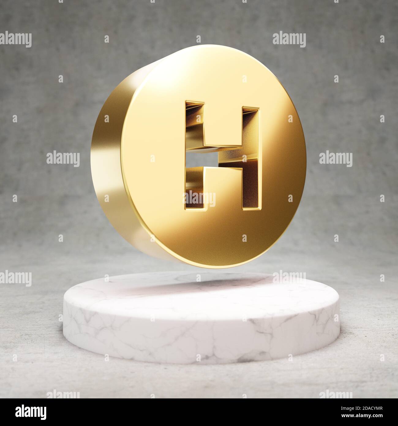 Hospital icon. Gold glossy Hospital symbol on white marble podium ...
