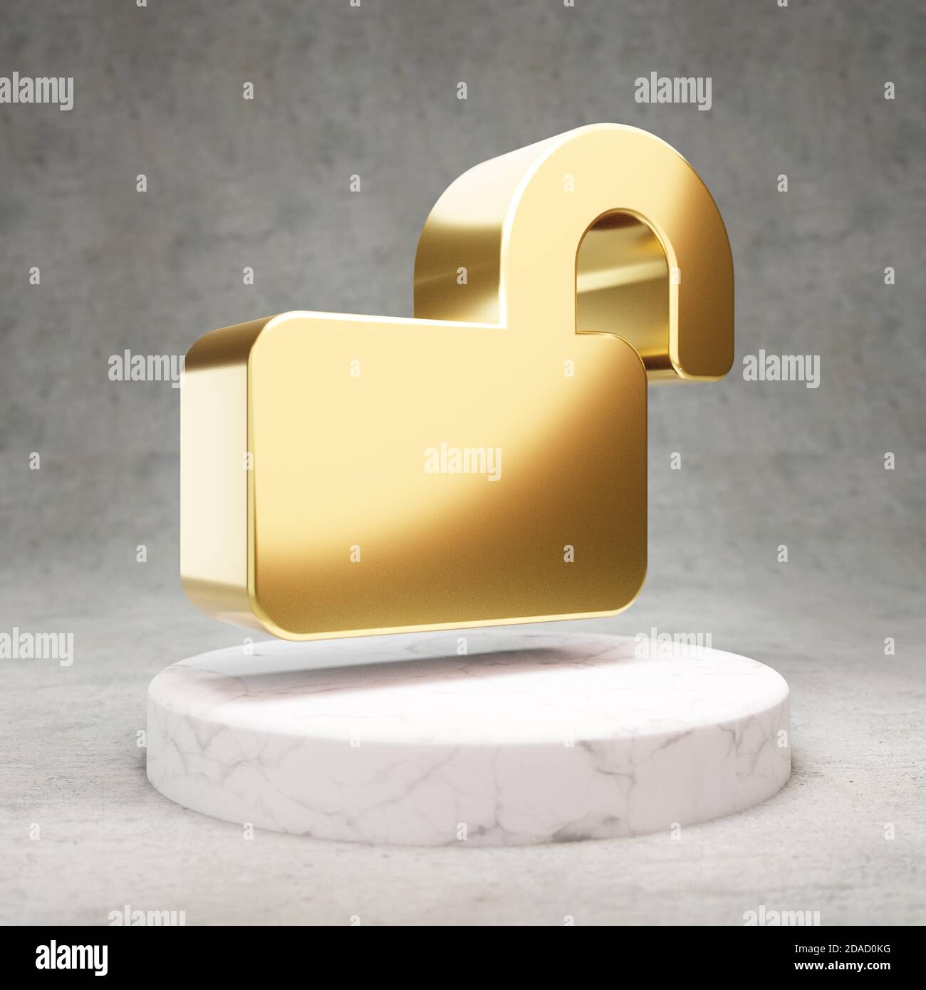 Lock Open icon. Gold glossy Lock Open symbol on white marble podium ...