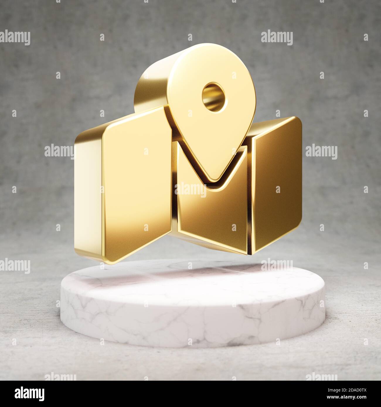 Map Marked icon. Gold glossy Map Marked symbol on white marble podium ...
