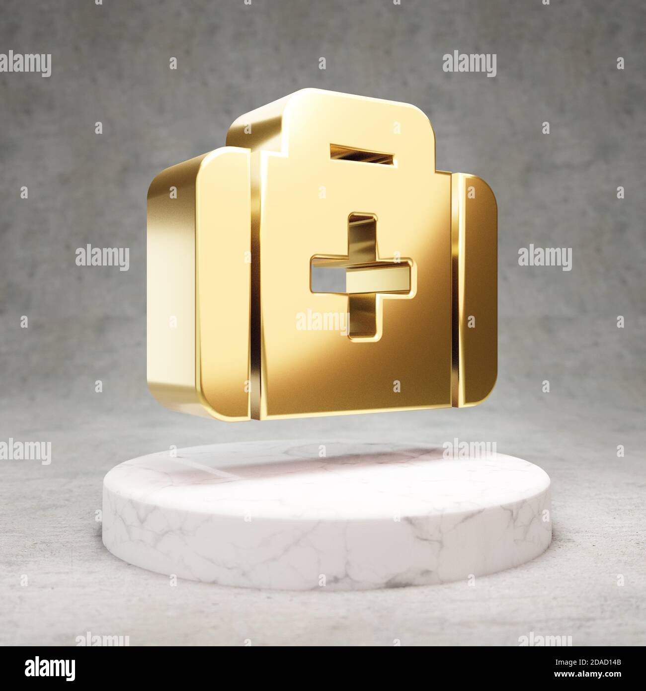 Medkit icon. Gold glossy Medkit symbol on white marble podium. Modern ...