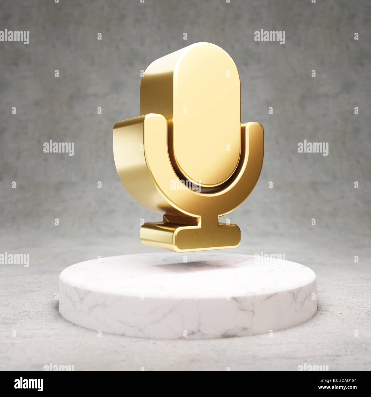 Microphone icon. Gold glossy Microphone symbol on white marble podium ...