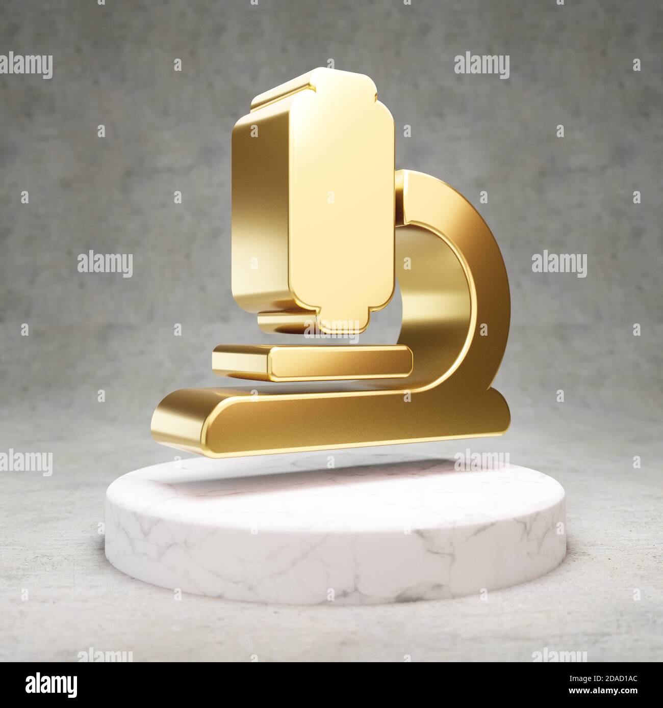 Microscope icon. Gold glossy Microscope symbol on white marble podium ...