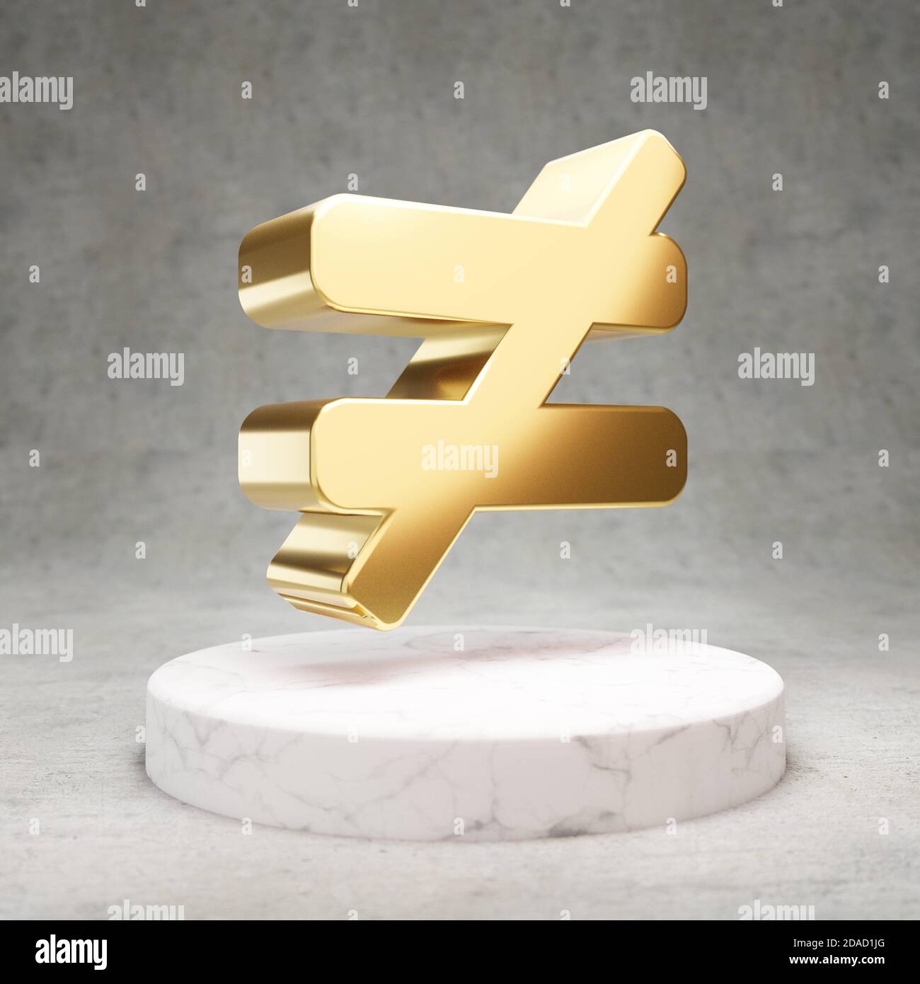 Not Equal icon. Gold glossy Not Equal symbol on white marble podium ...