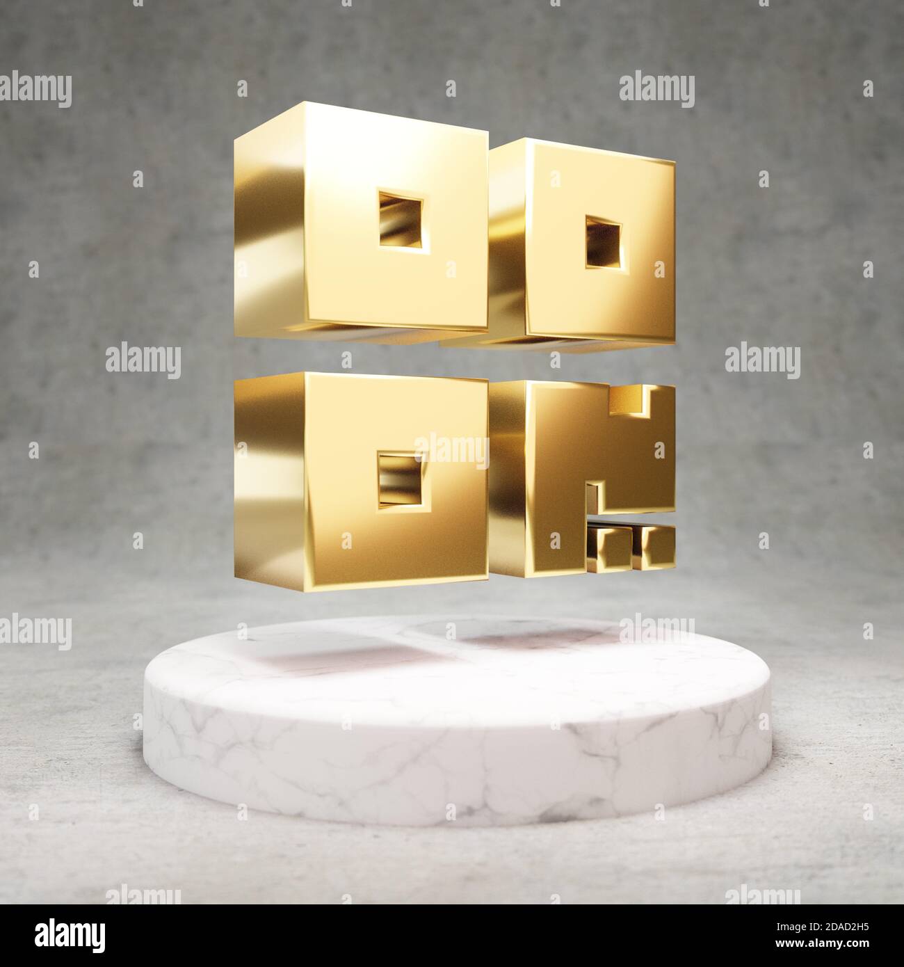QR Code icon. Gold glossy QR Code symbol on white marble podium. Modern ...