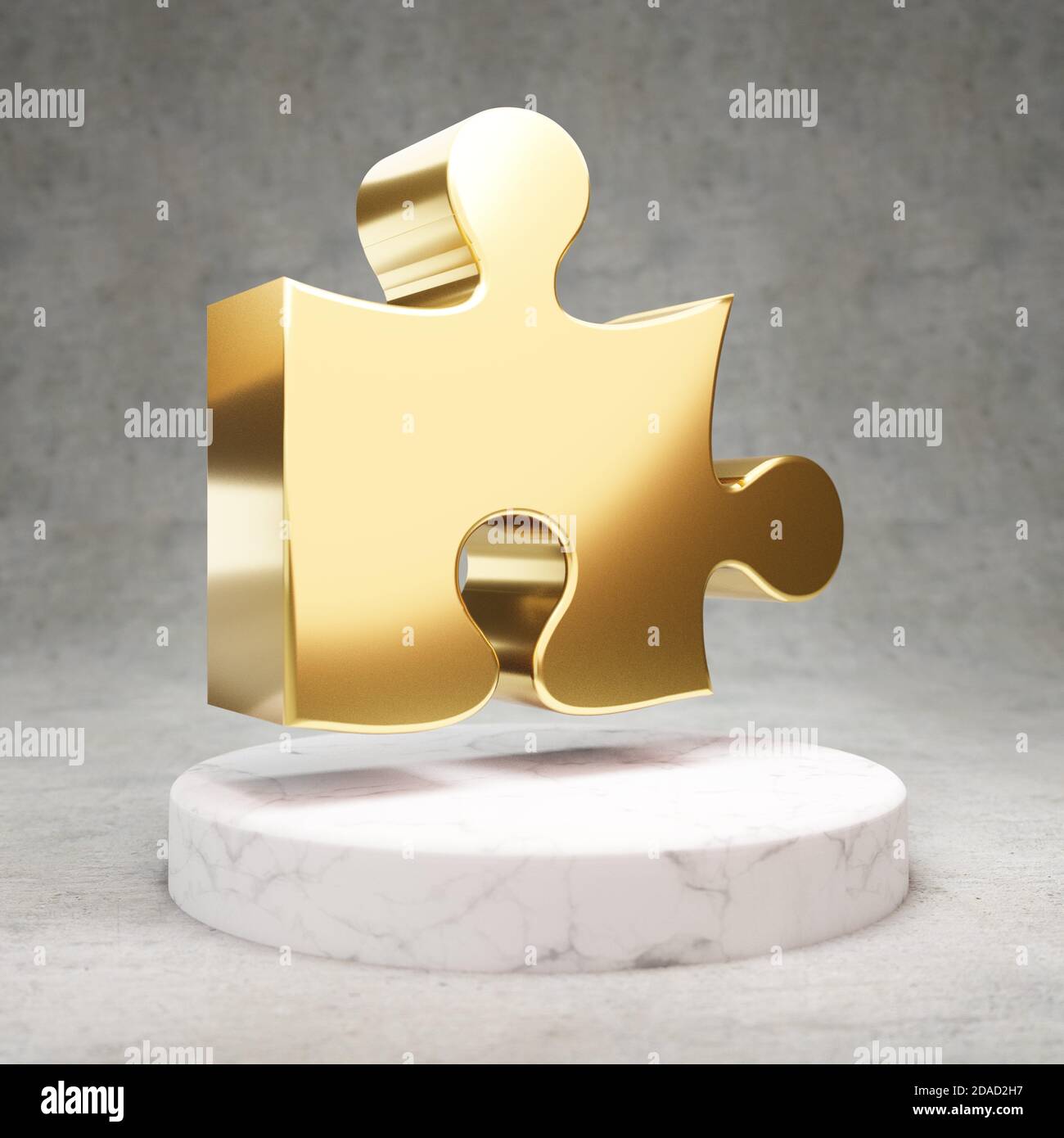 Puzzle icon. Gold glossy Puzzle symbol on white marble podium. Modern ...