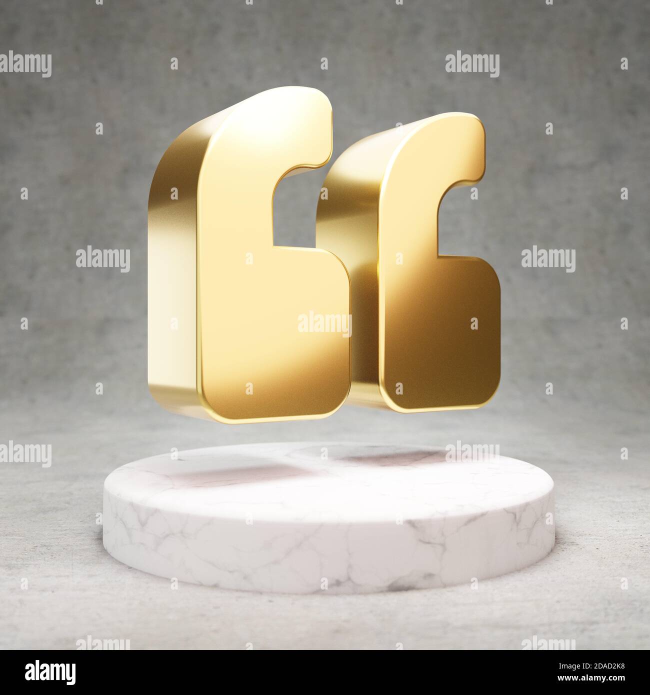 Quote Left icon. Gold glossy Quote Left symbol on white marble podium ...
