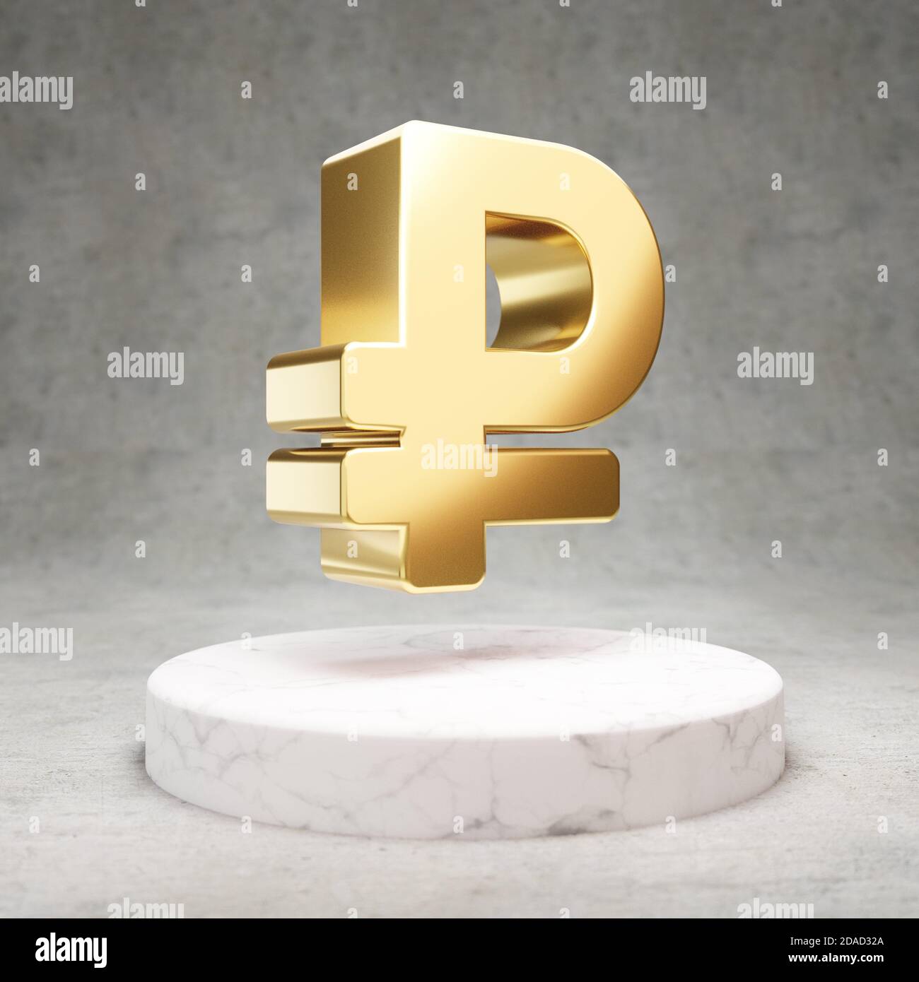 Ruble icon. Gold glossy Ruble symbol on white marble podium. Modern ...