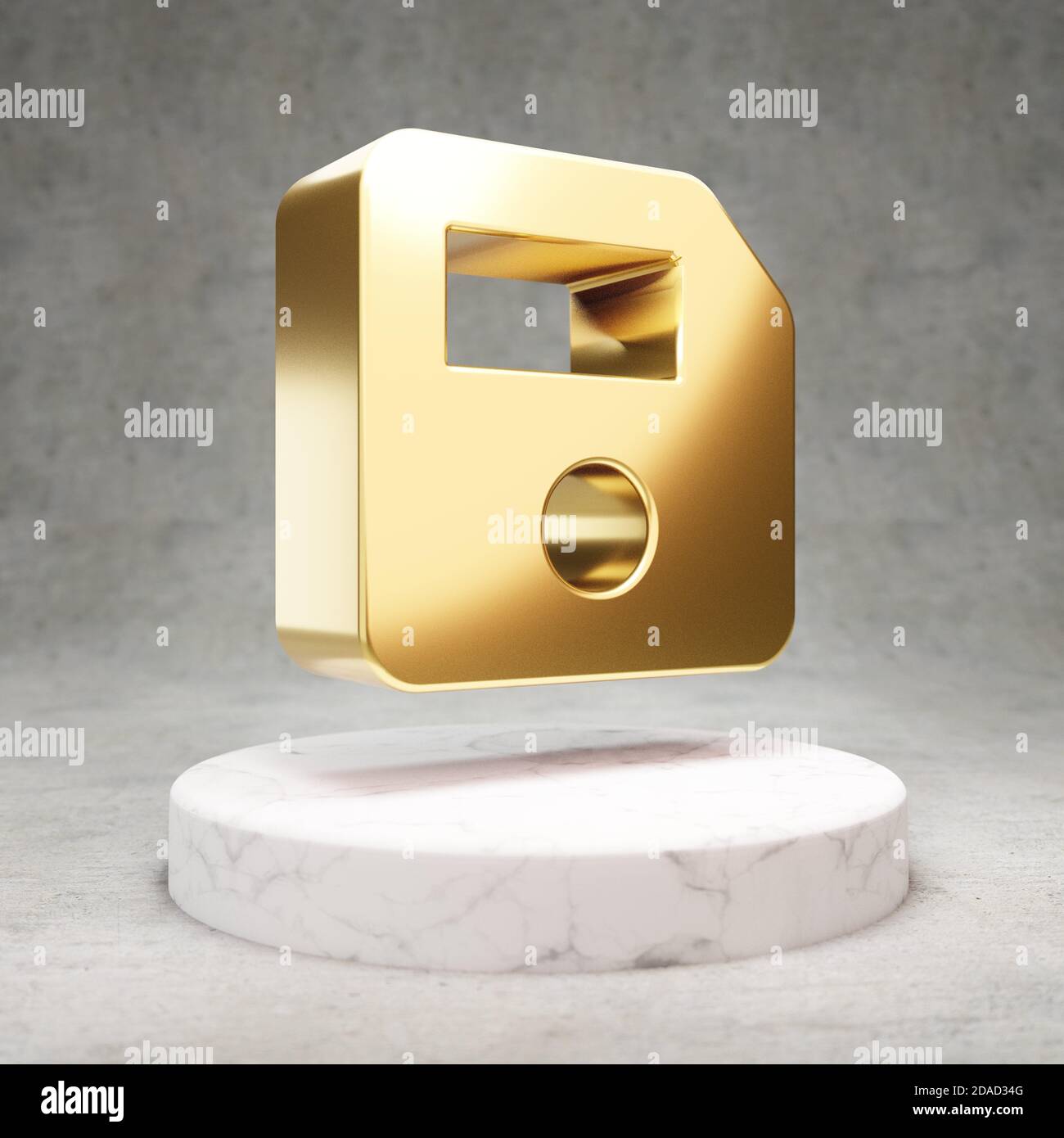 Save icon. Gold glossy Save symbol on white marble podium. Modern icon ...