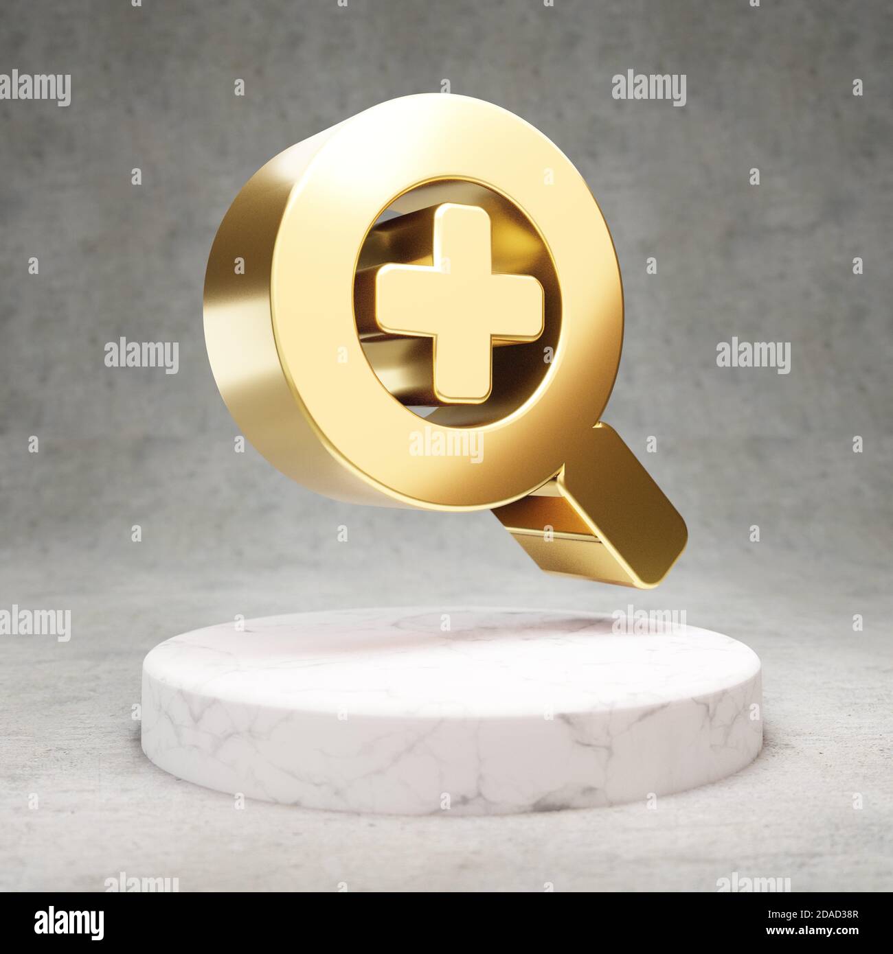 Zoom In icon. Gold glossy Zoom In symbol on white marble podium. Modern ...