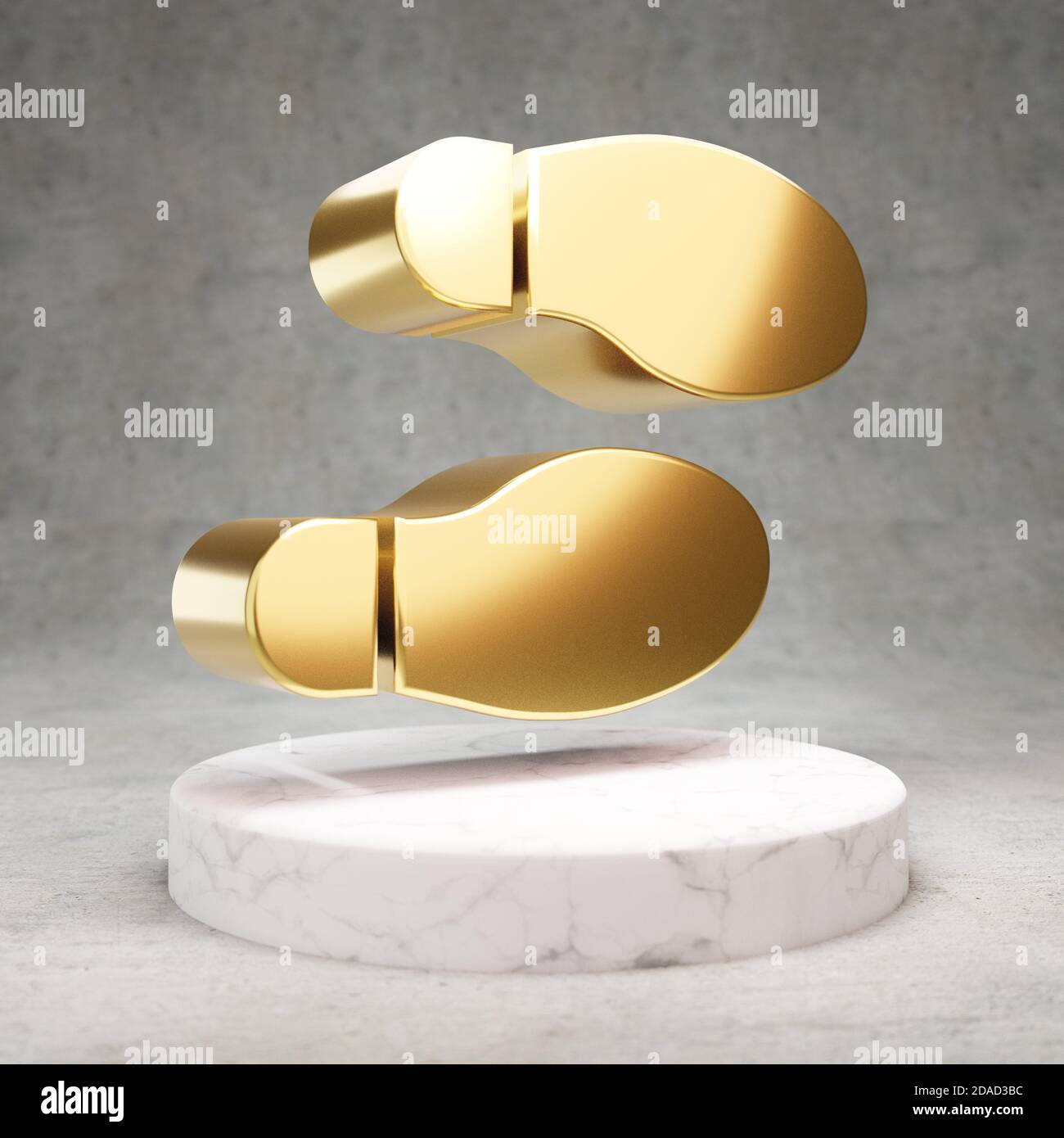 Shoe Prints icon. Gold glossy Shoe Prints symbol on white marble podium ...