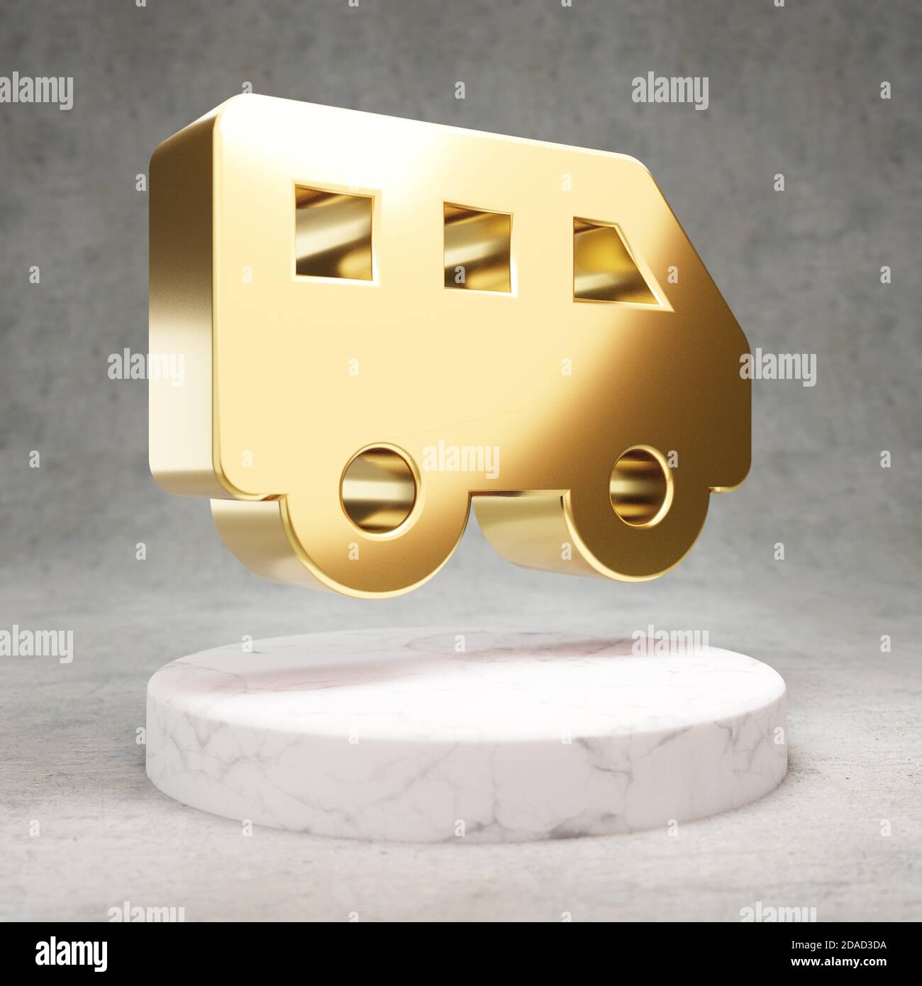 Shuttle Van icon. Gold glossy Shuttle Van symbol on white marble podium ...