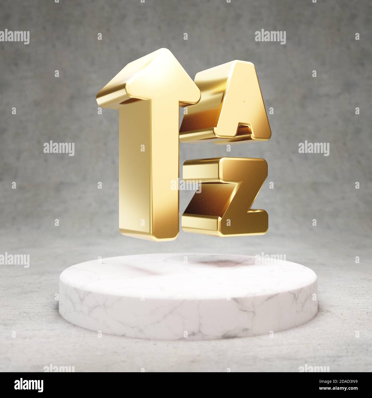 Sort A-Z icon. Gold glossy Sort A-Z symbol on white marble podium ...